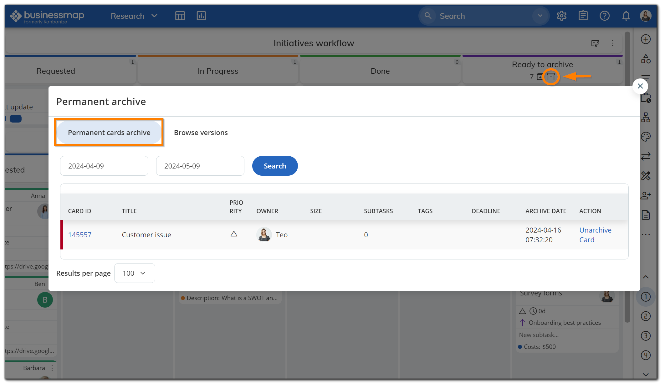 How to Find Archived Cards? – Businessmap Knowledge Base