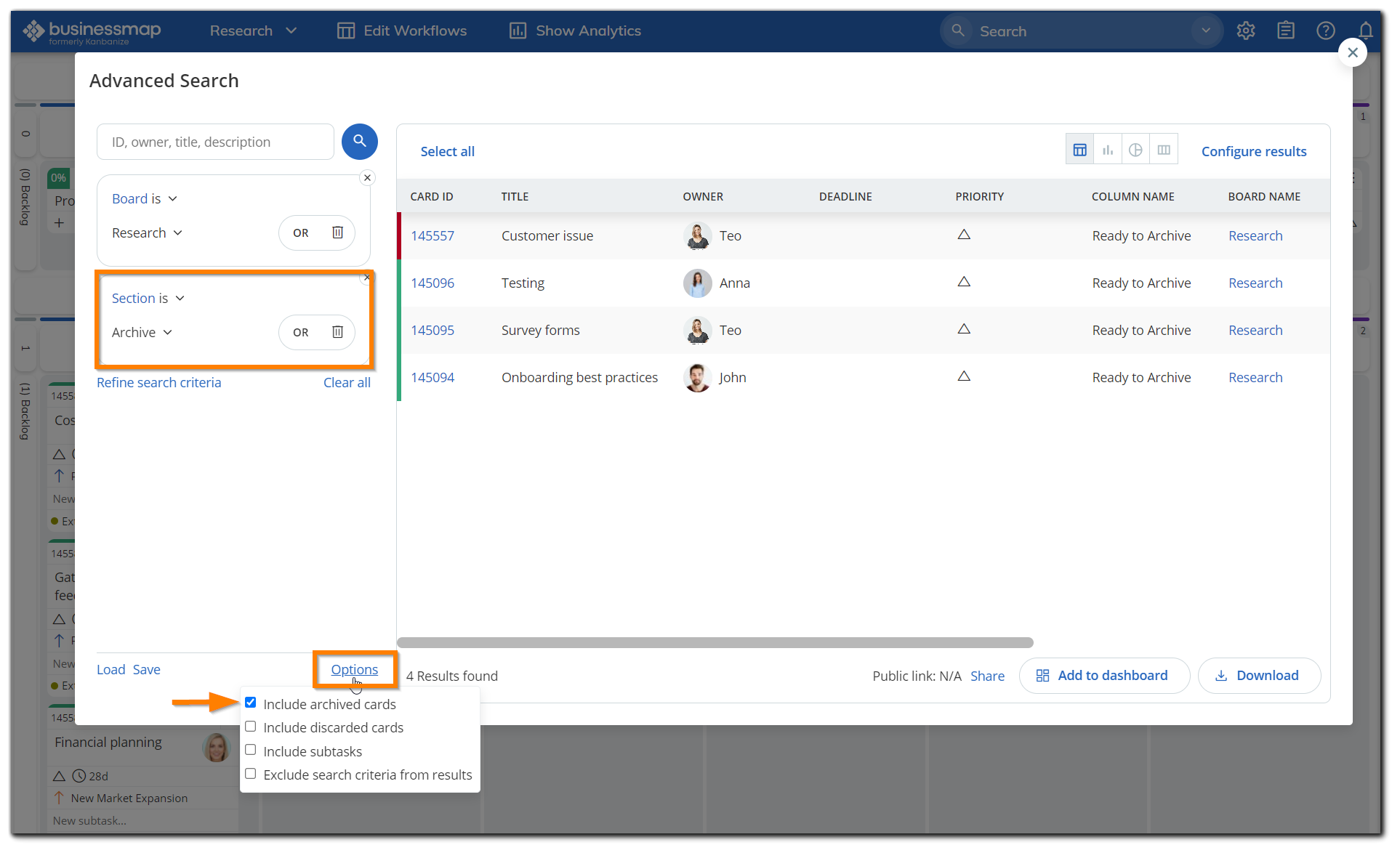 How to Find Archived Cards? – Businessmap Knowledge Base